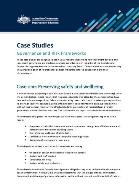 Case studies: Governance and risk frameworks - Department of Education, Australian Government